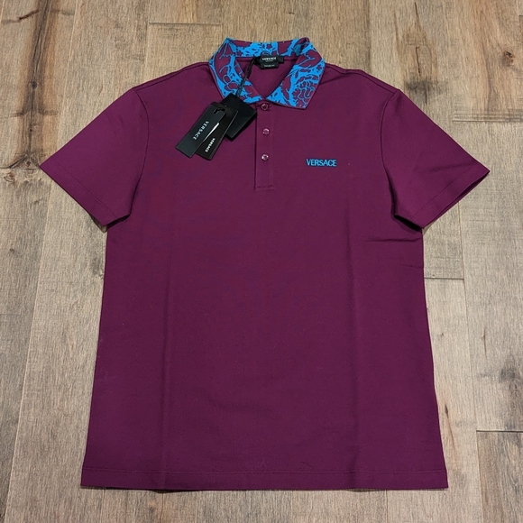 Versace | Shirts | Mens Versace Signature Print Collar Cotton Polo ...
